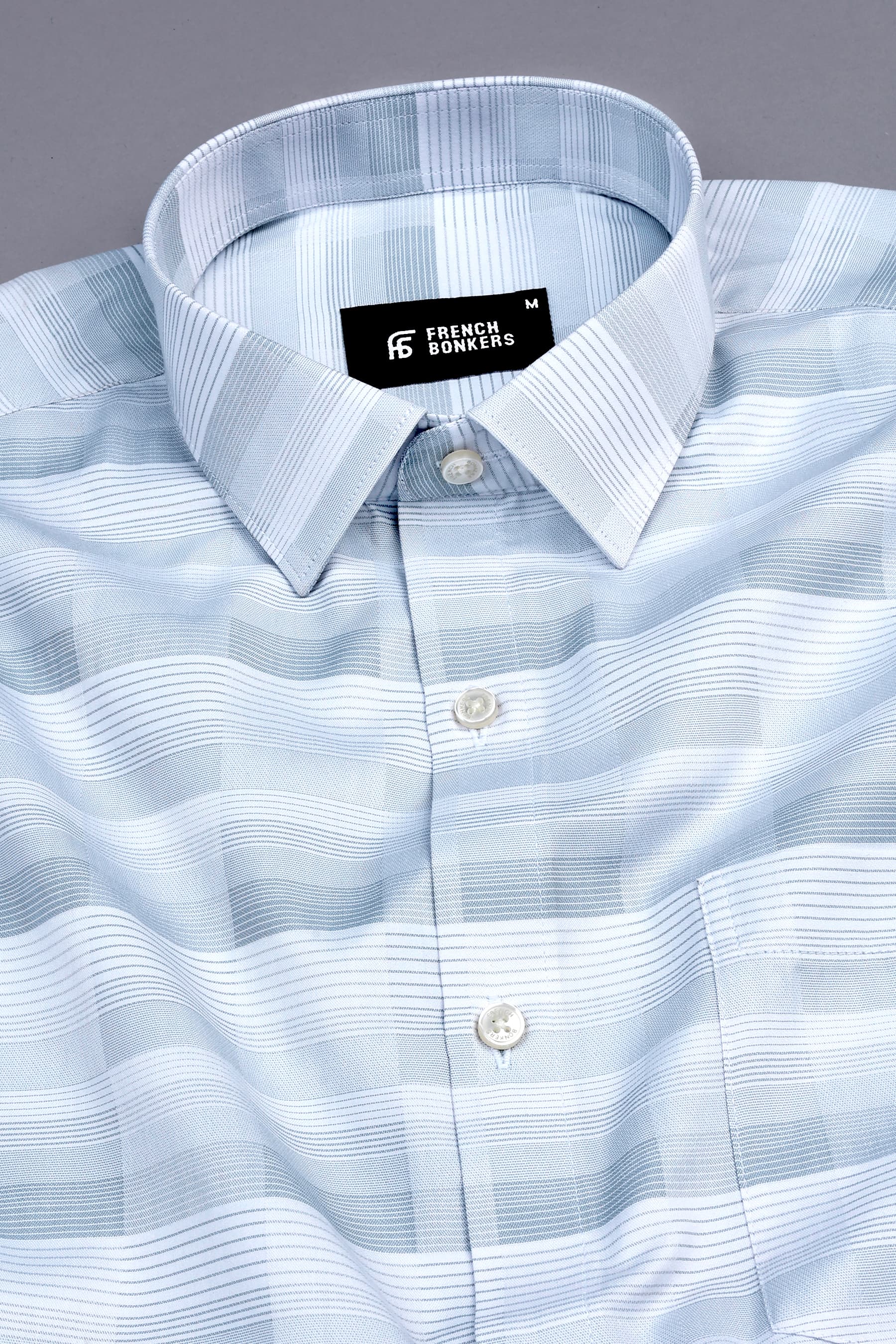 White with light slate grey line check shirt