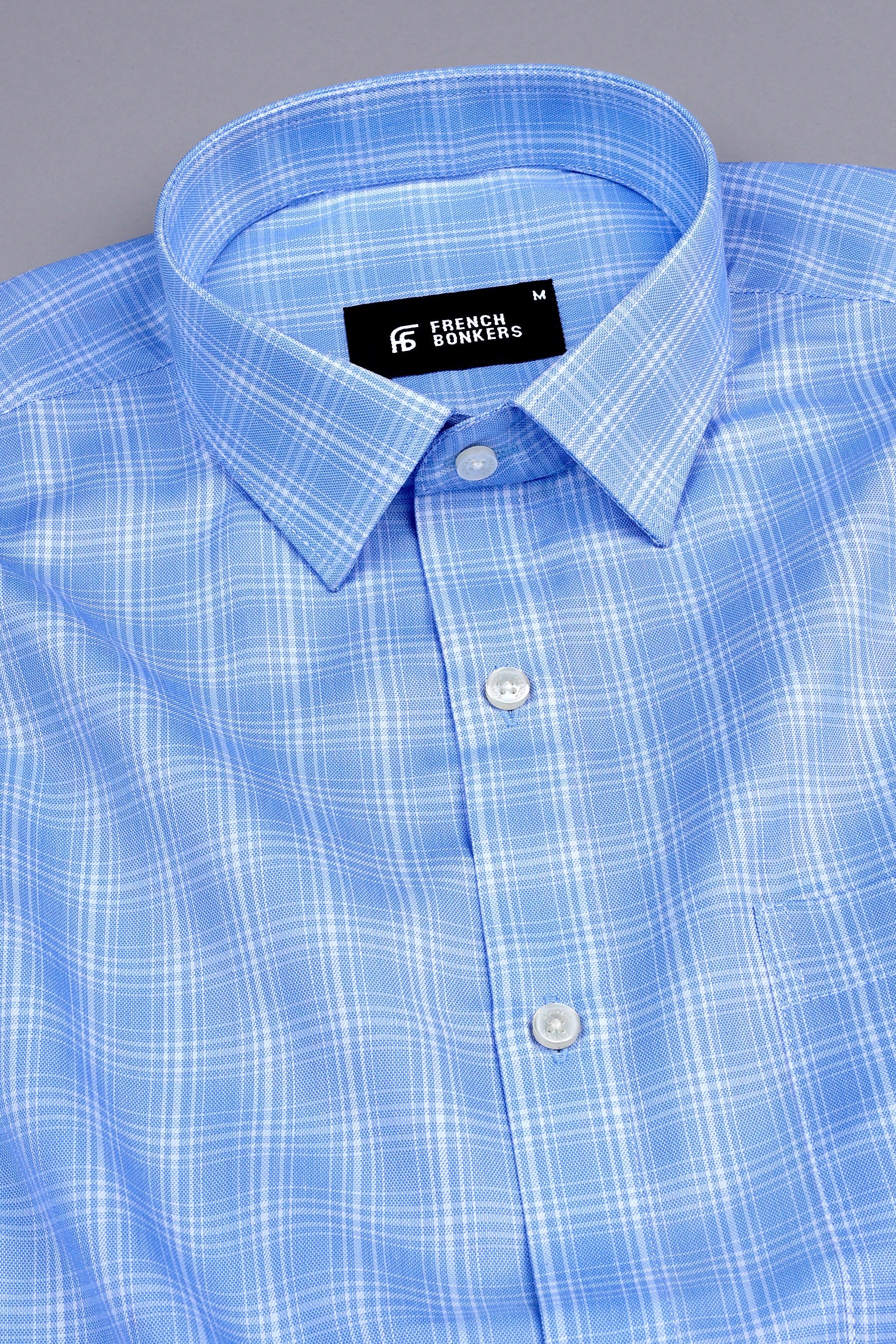 Light blue with white line check shirt
