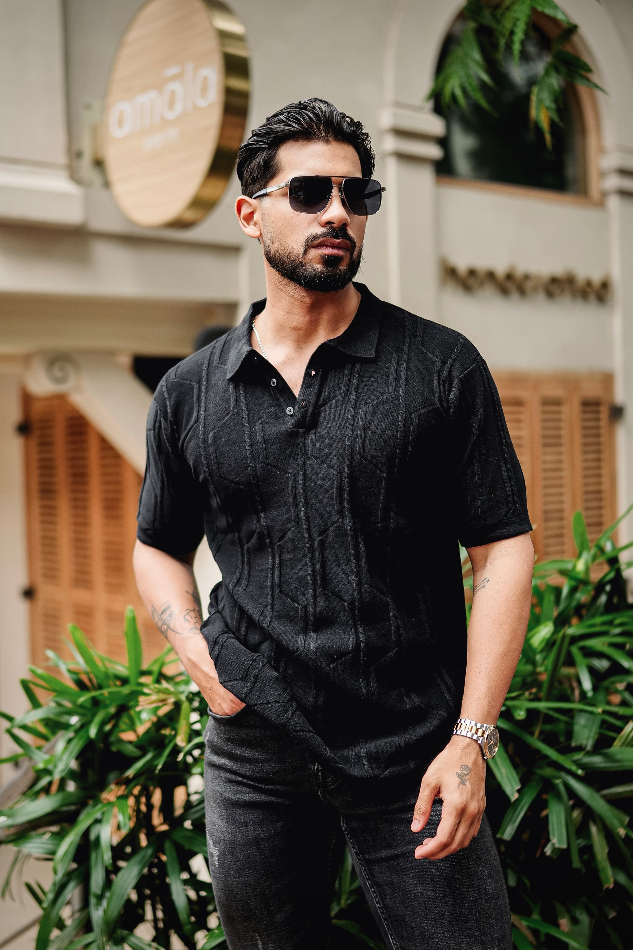 Men’s Molassa Black Knitted Cotton Polo T-Shirt