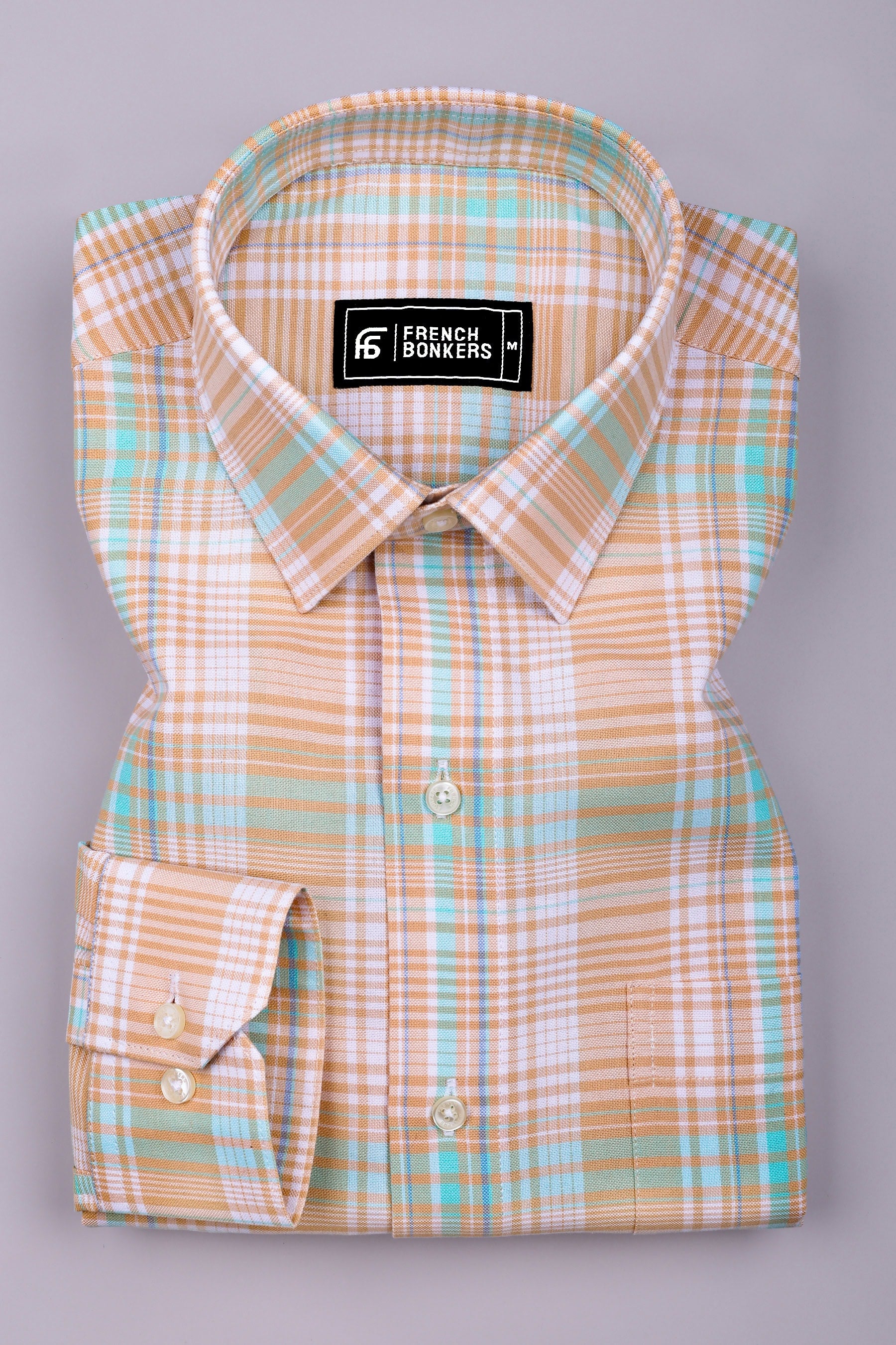 Light Orange Oxford Shirt with Green Check